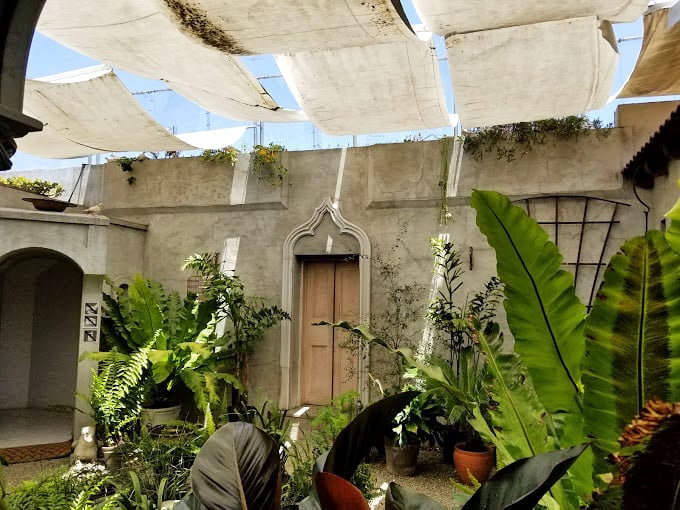 A hidden oasis awaits those who venture upstairs&mdash;lush plants, canvas sails, and a sense of having discovered a secret Mediterranean courtyard.