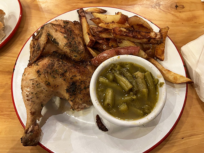 Half a chicken, seasoned and grilled to perfection, with green beans that didn't come from a can. This is how grandma would do it.