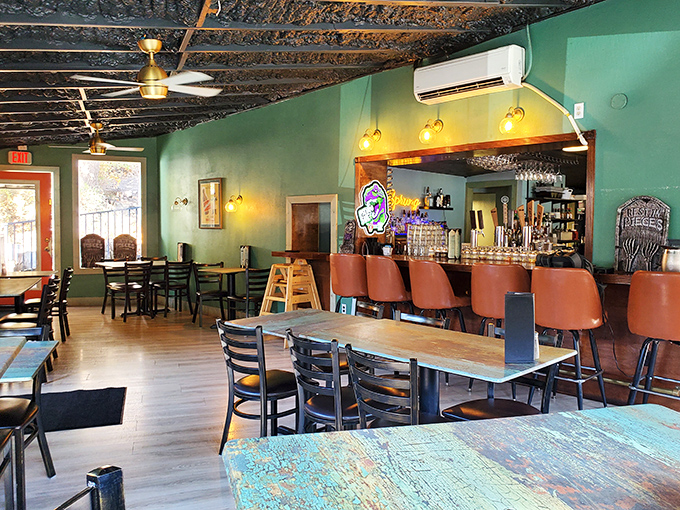 Exposed ceiling beams and mint-green walls create the perfect backdrop for that "I discovered this place before it was cool" meal you've been craving.