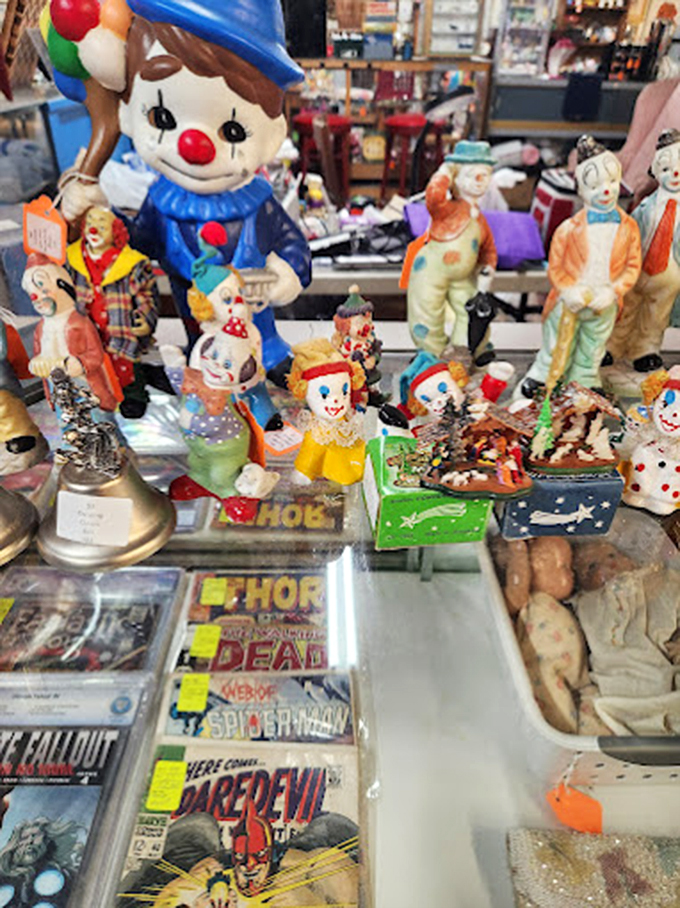 An army of clowns stands guard over vintage comics. In the collecting world, this is what we call "the intersection of nostalgia and nightmares."