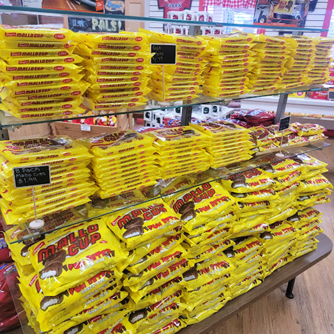 The iconic yellow Mallo Cup packages create a sunshine-bright wall of temptation that no reasonable sweet tooth can resist.