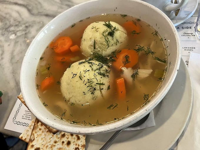 When a matzo cracker meets its soulmate: homemade soup. The crackers provide the perfect textural contrast to those velvety matzo balls.