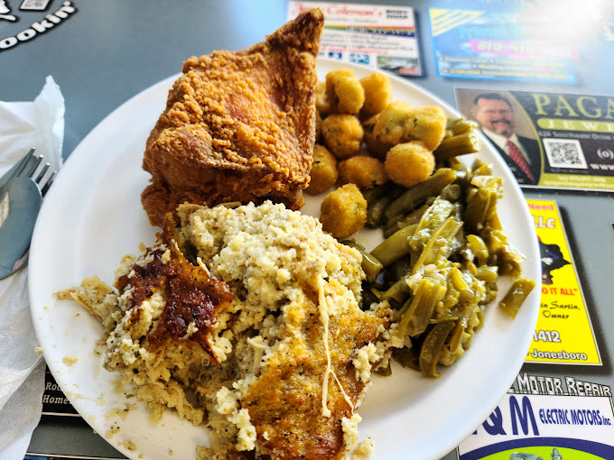 A plate that tells the story of the South &ndash; fried chicken, cornbread dressing, okra, and those little golden nuggets of fried okra heaven. 