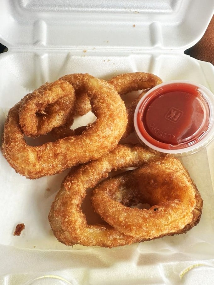 Onion rings that could double as golden halos&mdash;crispy, substantial, and worthy of dipping into that little cup of heaven.