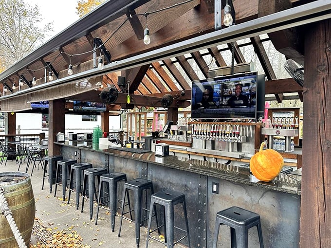 Outdoor bars are nature's way of saying "drink here"&mdash;especially when they come with string lights, tap handles, and autumn leaves as your drinking buddies.