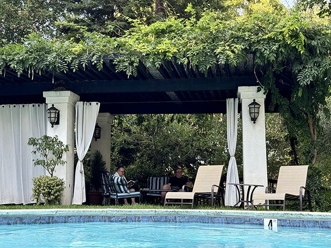 The poolside pergola &ndash; nature's answer to the office cabana. Except here, the only spreadsheets involve cheese and crackers.