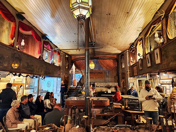 The theater's main hall, where the bird cages once hung from the ceiling. Social distancing wasn't exactly a priority in the 1880s.
