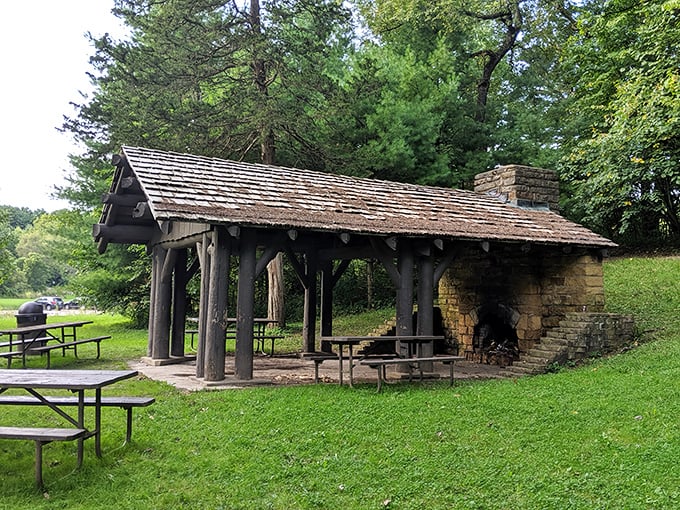 This covered picnic shelter with its massive stone fireplace laughs at rainy days. S'mores production continues regardless of weather forecasts.