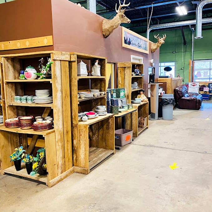 The deer heads aren't shopping&mdash;they're permanent residents overseeing this rustic collection of dishware, where your grandmother's missing serving bowl might just be waiting.