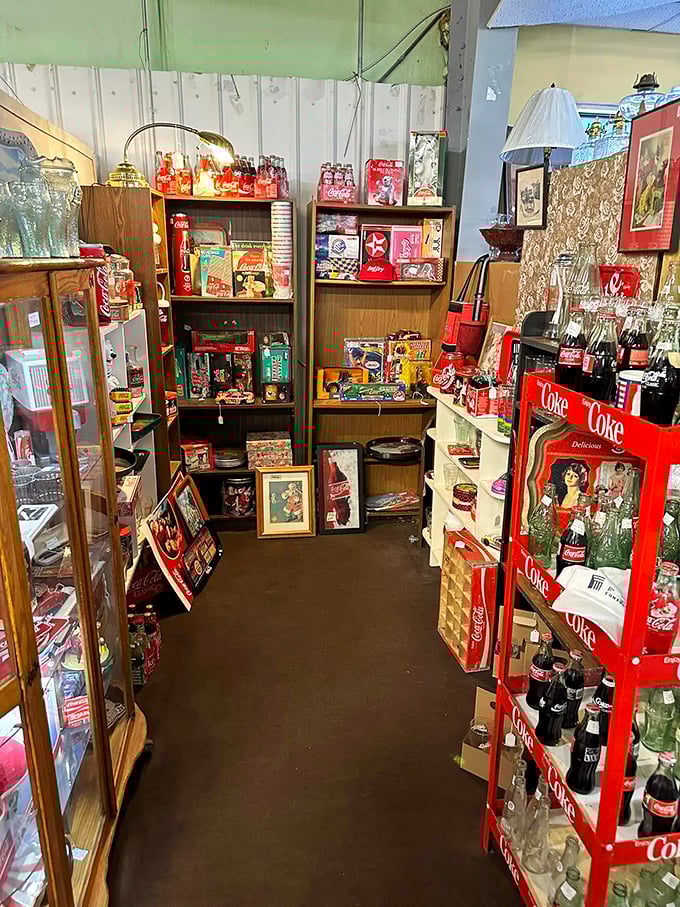 Coca-Cola corner: where soda memorabilia creates a fizzy time capsule of Americana. The vintage advertising reminds us when a nickel bought happiness in a bottle.
