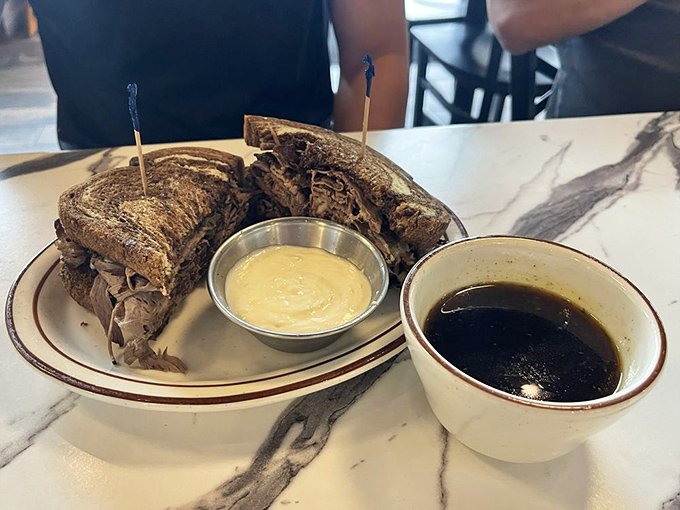This roast beef sandwich with au jus is the kind of meal that makes you want to call your mother and apologize for ever complaining about anything.