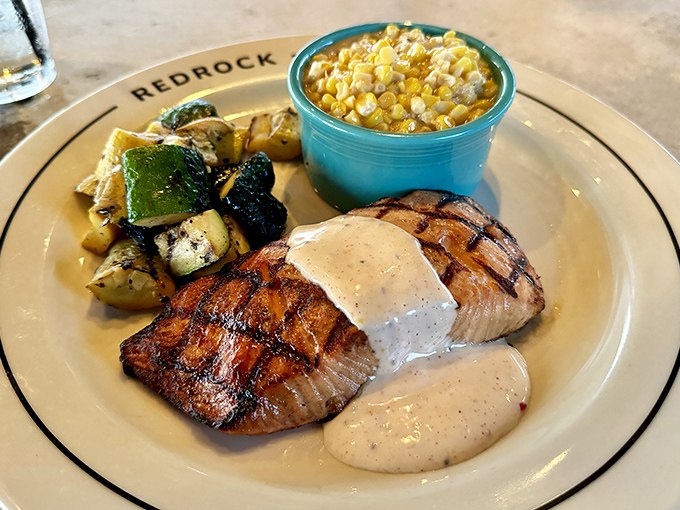 Salmon that's traveled farther than most people's vacation photos, yet somehow arrived looking more refreshed than any of us.