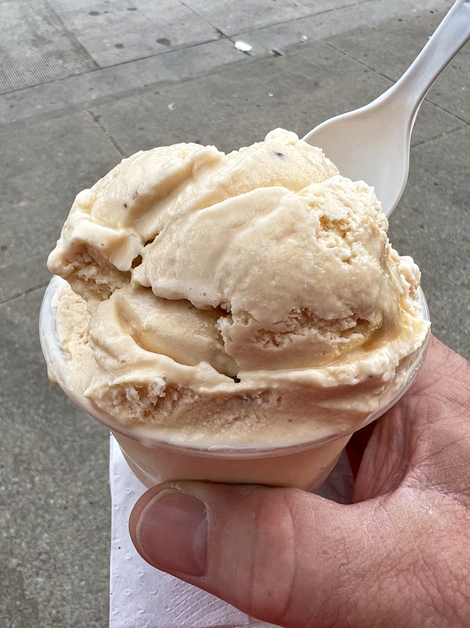 Vanilla ice cream cradling what appears to be salted caramel. Simple pleasures executed perfectly&mdash;the hallmark of American greatness.