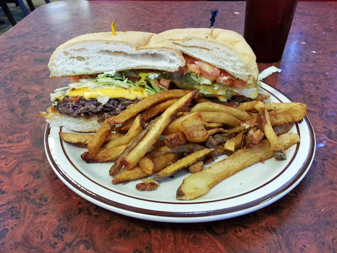 This isn't just a burger – it's a hand-held masterpiece of beef, egg, and veggies that demands both hands and your full attention.