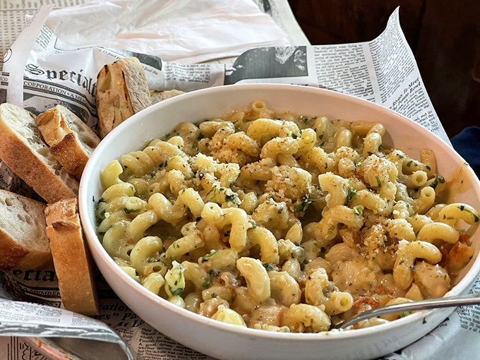 This isn't just pasta&mdash;it's a creamy seafood celebration where each spiral cradles bits of garlicky shrimp goodness. The bread is just begging to sop up that sauce.