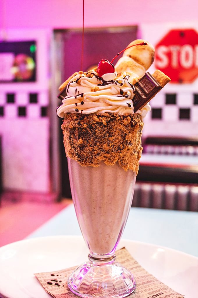 The s'mores milkshake laughs at your diet plans. With that cookie rim and chocolate drizzle, it's basically a campfire in glassware form.