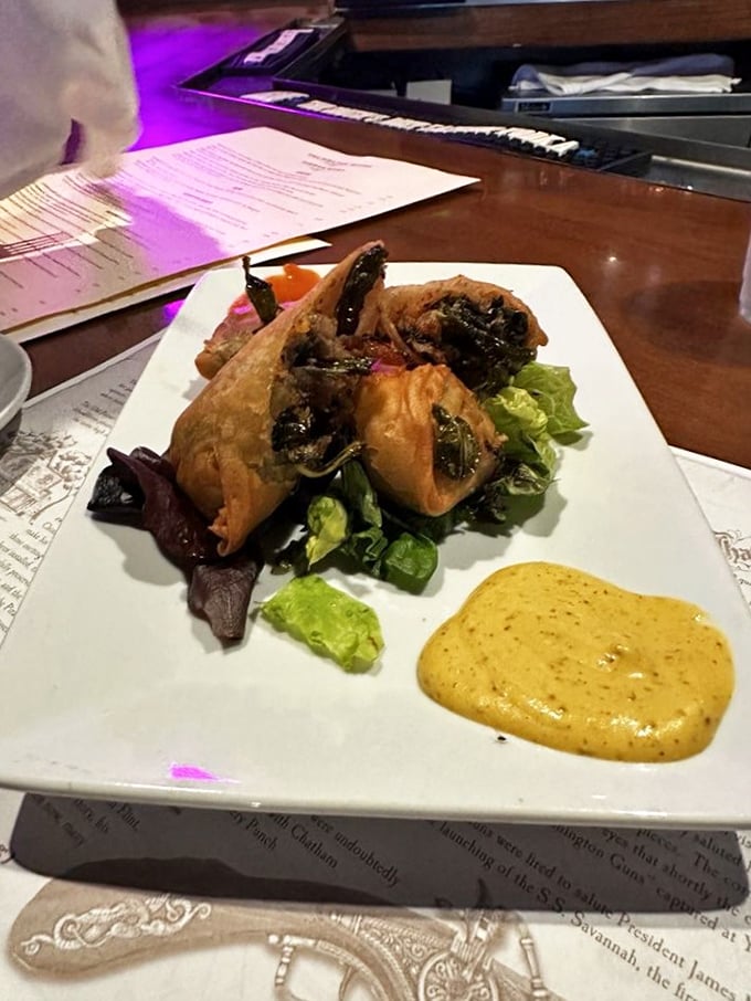 Not your ordinary spring rolls&mdash;these pockets of culinary contraband smuggle Southern flavors wrapped in crispy armor, with a mustard sauce sidekick.