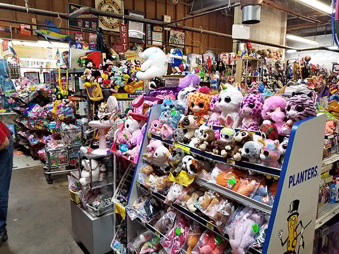 Stuffed animal metropolis where plush creatures wait for their forever homes. That unicorn is definitely making eye contact with you for a reason.