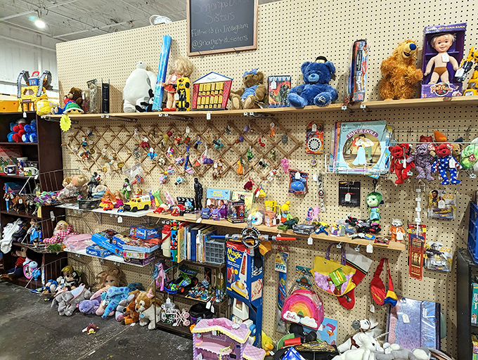 Yesterday's playthings stand at attention, waiting for new adventures. That teddy bear has seen things your smartphone couldn't imagine.