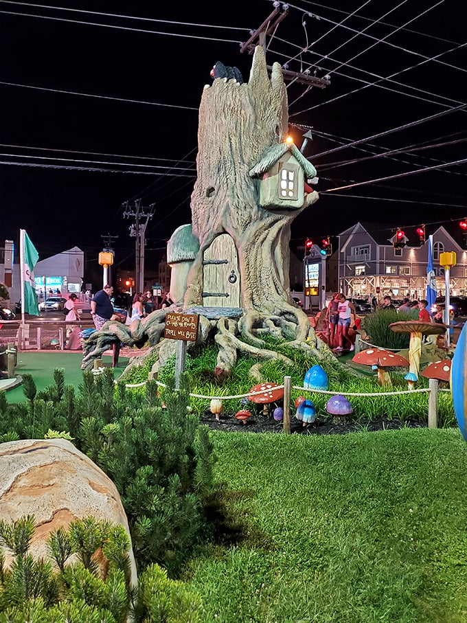 This enchanted tree structure transforms mini-golf into a fairytale experience, complete with whimsical lighting that dazzles after sunset.