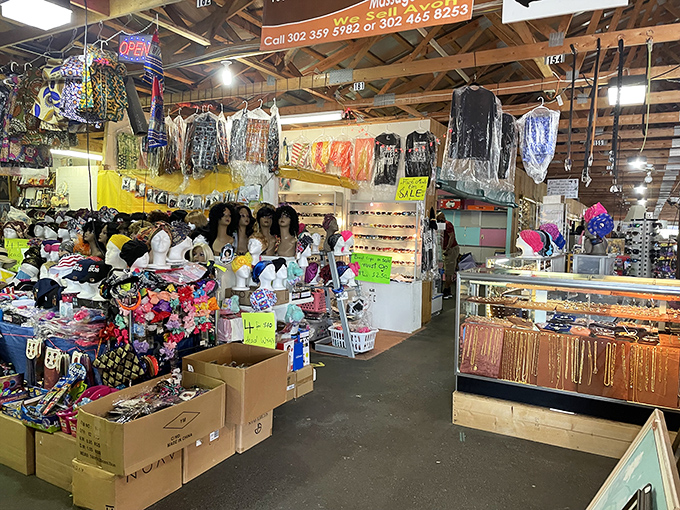 A colorful chaos of accessories tells a thousand fashion stories. Every hair clip and handbag here has outlived at least three fashion cycles.