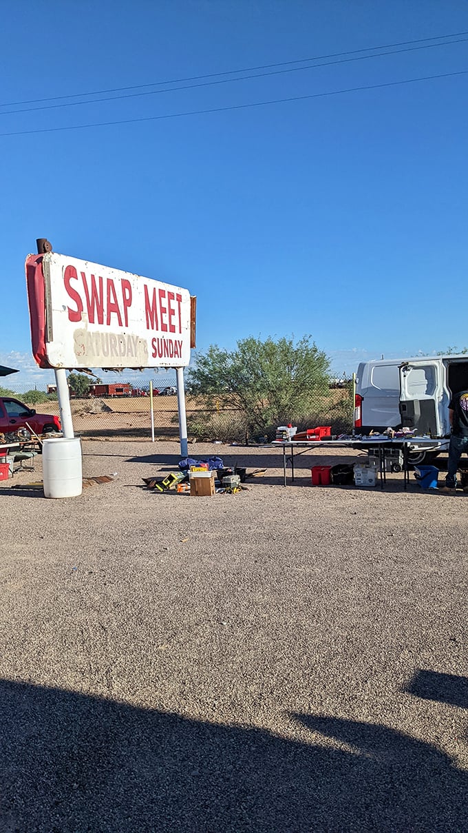 The classic swap meet sign has weathered as many seasons as the treasures beneath it. Saturday and Sunday: Arizona's unofficial holidays.