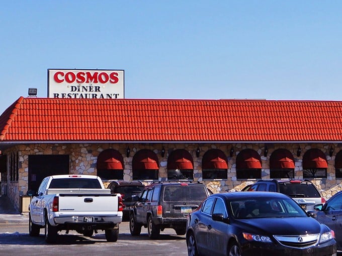 Cosmos Diner's distinctive stone arches and red roof &ndash; like a medieval castle dedicated to the noble pursuit of perfect eggs.