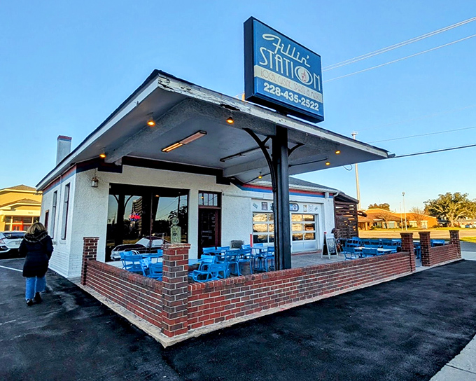 The Fillin' Station's exterior - where they once pumped gas but now fill bellies with seafood that fuels happiness.