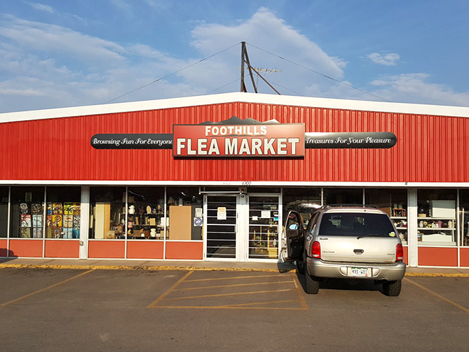 Foothills Flea Market's red building promises "Treasures for Your Pleasure"&mdash;and boy, does it deliver on that colorful promise!