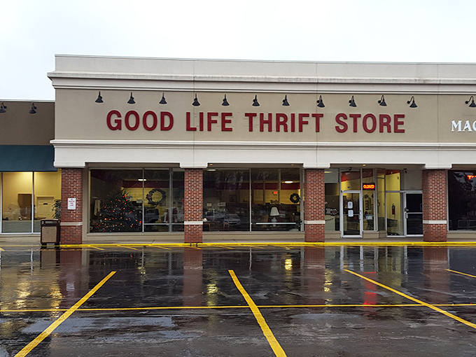 Even on rainy days, Good Life Thrift beckons with its warm lights and promise of hidden gems.