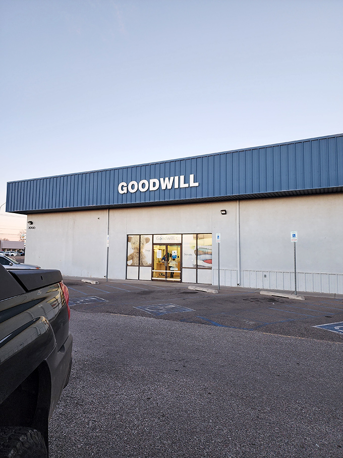 Goodwill's iconic blue signage against the desert sky &ndash; a beacon for bargain hunters and conscious consumers alike.