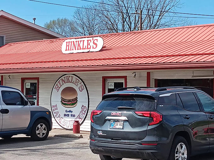 Hinkle's bold red roof signals burger perfection like a lighthouse guiding hungry sailors to crispy-edged nirvana.