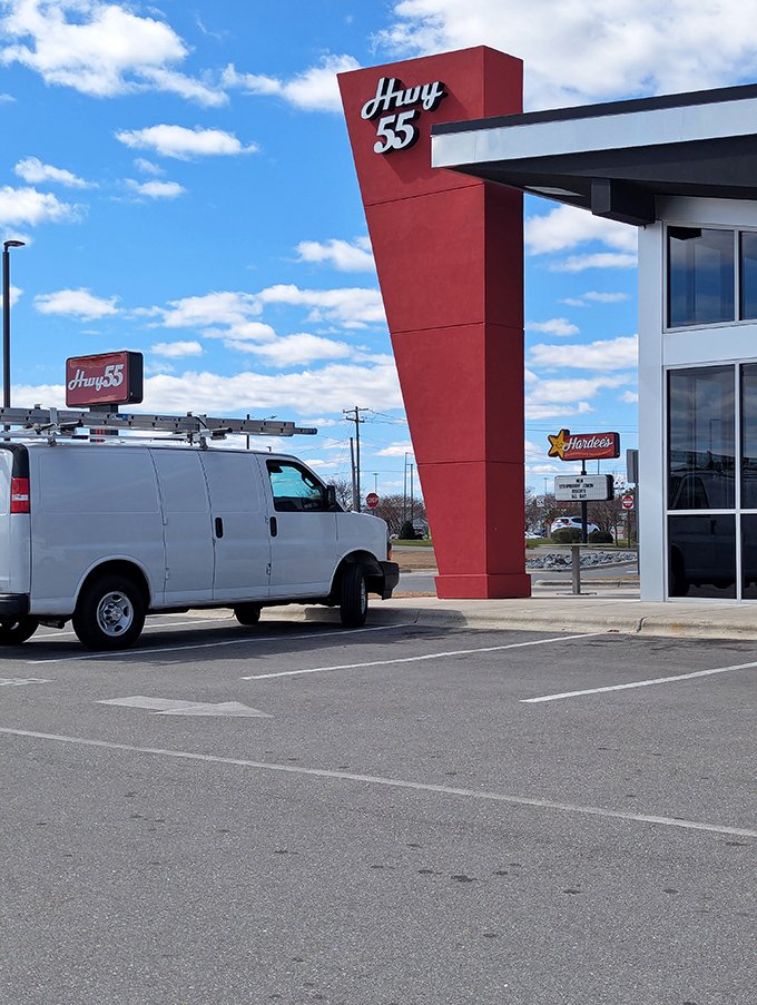Hwy 55's bold red signage stands like a beacon of burger hope along North Carolina's roadways.