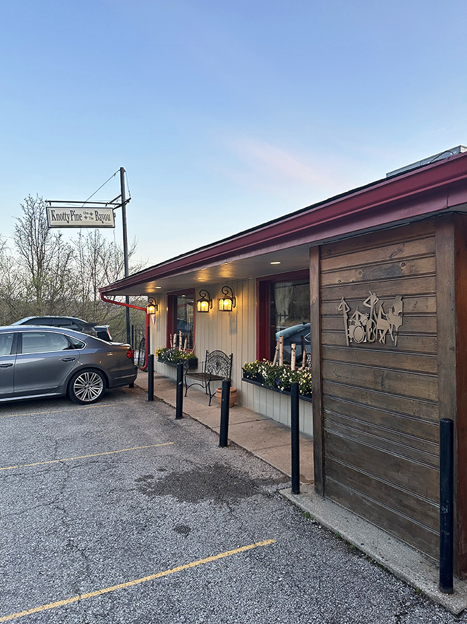 Knotty Pine on the Bayou's rustic entrance feels like discovering a secret Cajun hideaway tucked into Kentucky's hills.