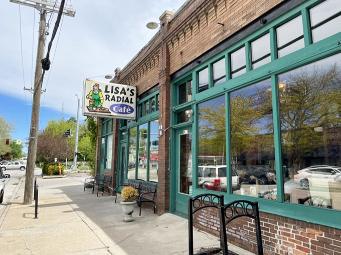 Lisa's Radial Caf&eacute;'s charming turquoise trim and brick exterior is like finding the jewelry box where breakfast treasures are kept. 