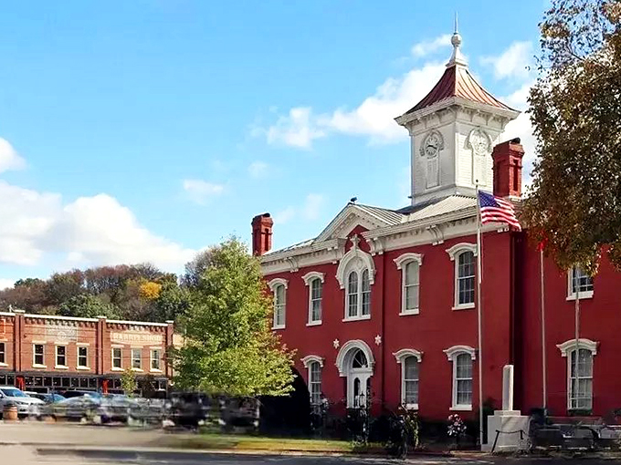 Lynchburg's historic courthouse stands watch over a town that ironically made whiskey famous in a dry county.