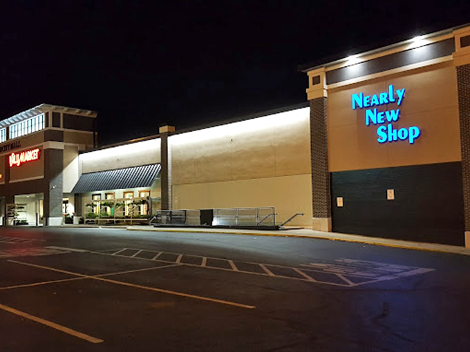 Nearly New Shop glows with possibility after dark. Like a lighthouse for the fashion-forward but budget-conscious.