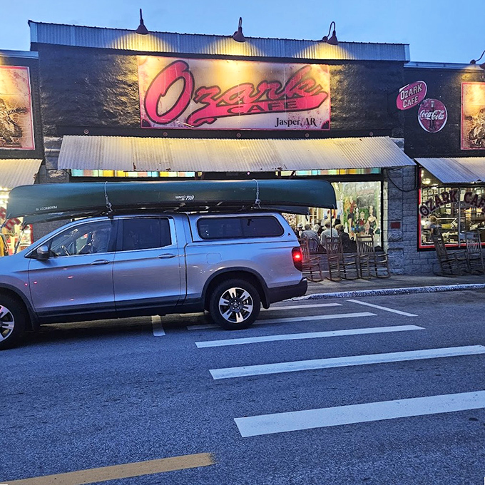 The Ozark Cafe's stone facade fits perfectly into Jasper's mountain landscape—like it grew there naturally alongside the trees.