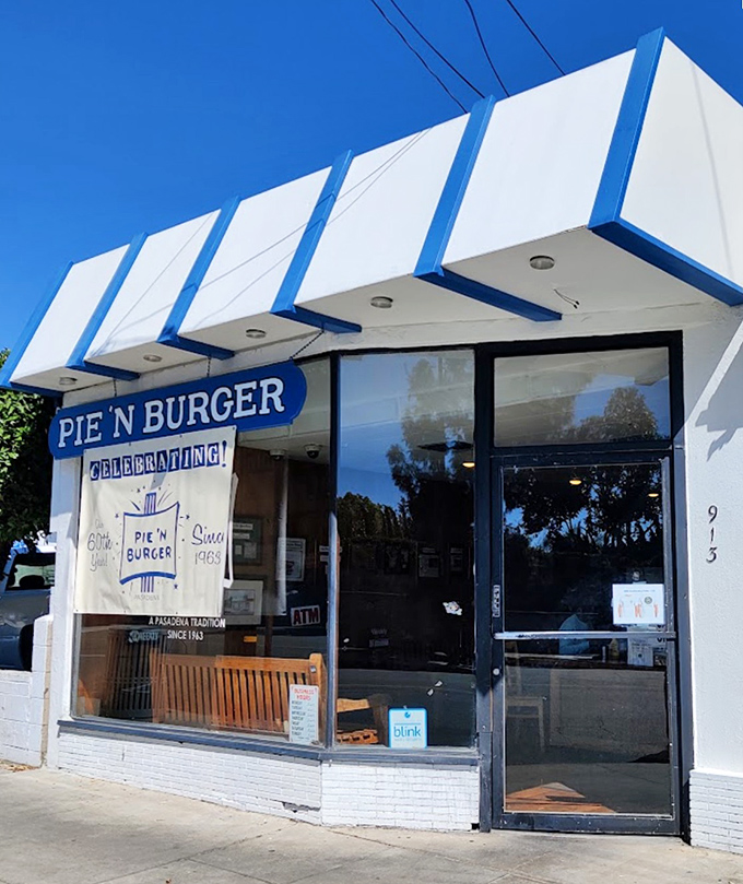 Pie 'n Burger's classic blue-trimmed white exterior is a portal to simpler times. This Pasadena landmark has been serving nostalgia between buns since JFK was in office.