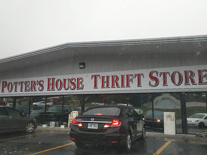 Potter's House beckons from the parking lot, promising treasures within. Where rain can't dampen the thrill of the hunt!