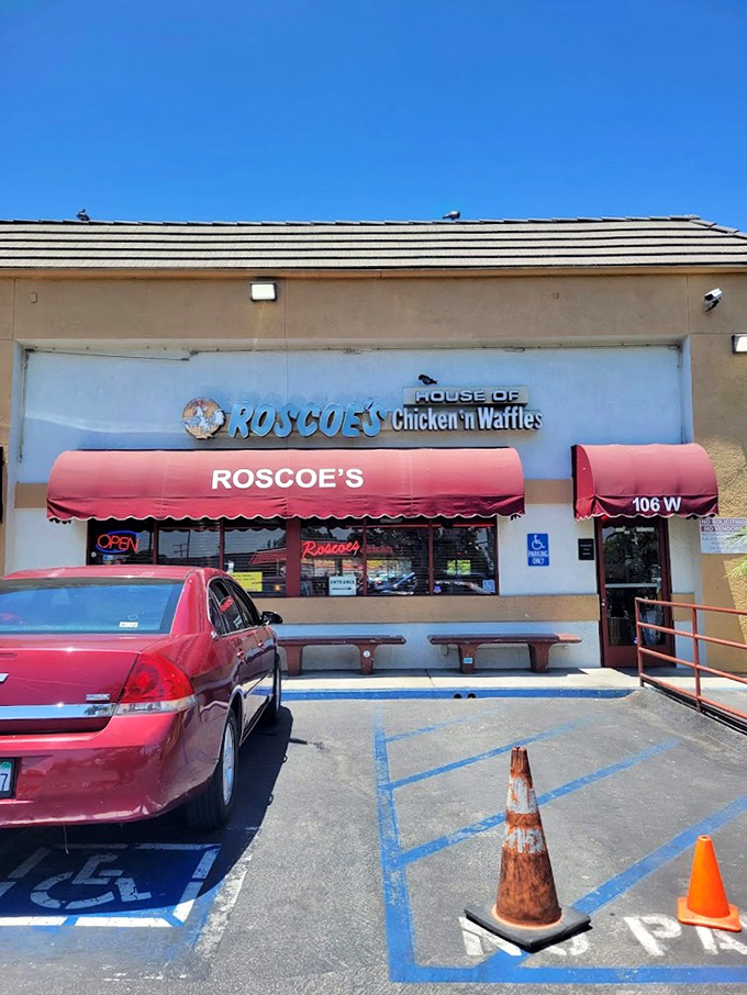 Roscoe's iconic storefront has the confident simplicity of an establishment that knows exactly what it's doing. Chicken and waffles royalty.