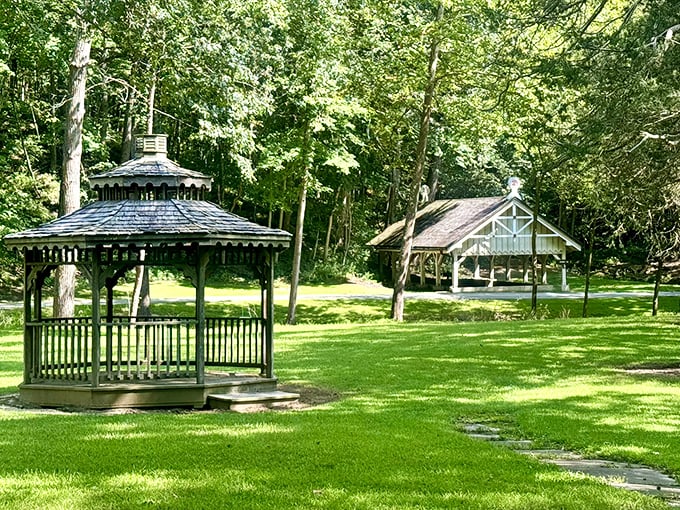Wooden gazebos dot the landscape like something from a storybook. Proof that architects and nature can be best friends.