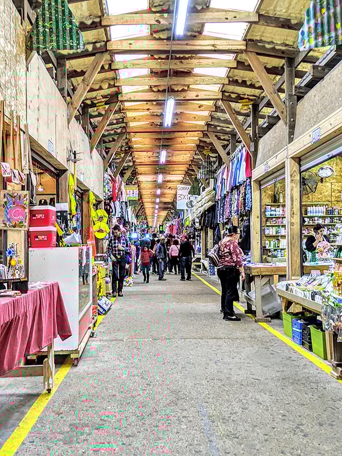 Sunny Flea Market's vibrant corridor bustles with life, a kaleidoscope of colors and cultures meeting under one long, welcoming roof.