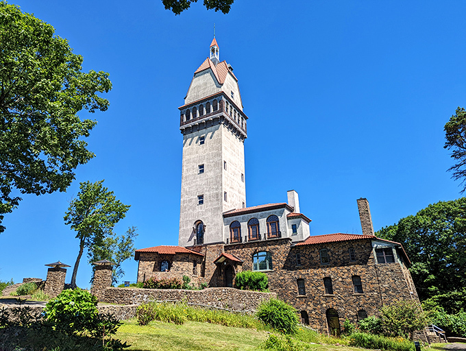 Heublein Tower stands like Connecticut's own fairytale castle, rising above a sea of autumn foliage.