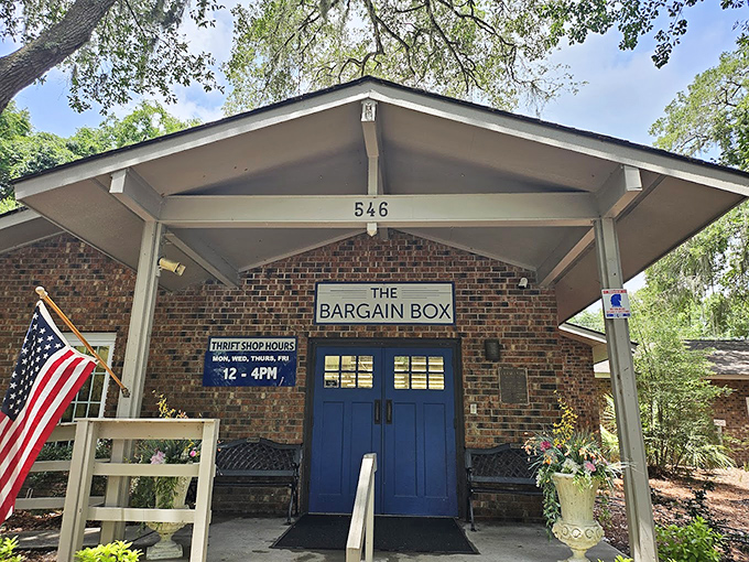 The Bargain Box's charming brick facade and patriotic flair welcome treasure-seekers to Hilton Head's worst-kept secret for spectacular finds.