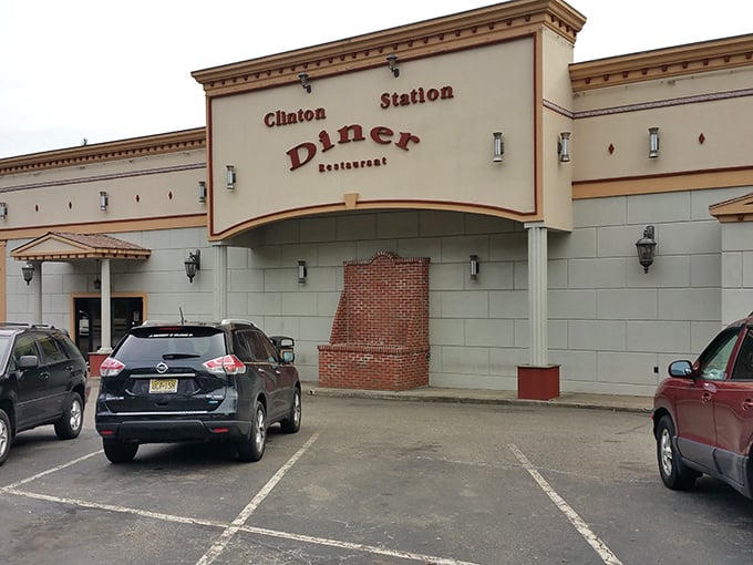 Clinton Station Diner facade: Grand columns, serious breakfast. This diner has the architectural confidence of a place that knows its home fries are unimpeachable.