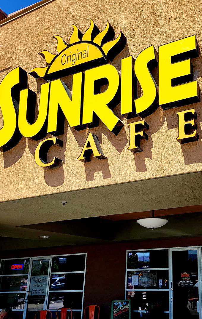 The Original Sunrise Cafe (Sign): Like morning sunshine in sign form! This bright yellow beacon guides hungry travelers to breakfast paradise.