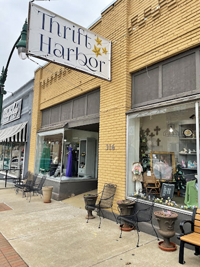 Vintage charm in yellow brick! Thrift Harbor's historic storefront brings classic small-town appeal to the modern bargain hunt.