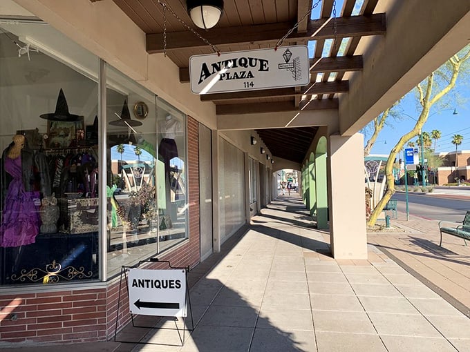Peek down the shaded walkway of Antique Plaza and feel the pull of vintage window displays. Each storefront tells its own Arizona story.