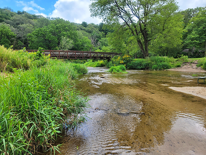 Nature's stairmaster! Backbone State Park's wooden walkways lead to limestone formations that defy Iowa's "flat" reputation.